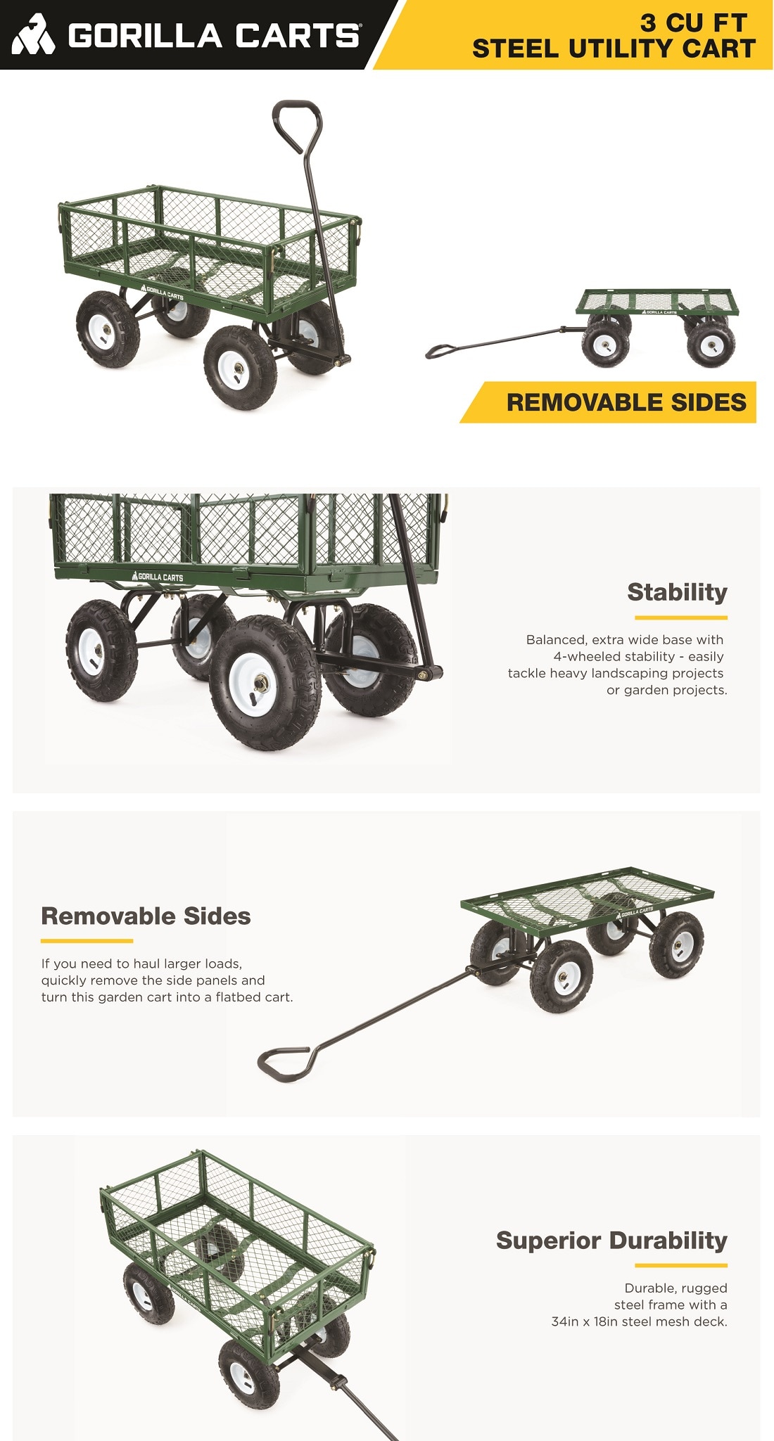 GORILLA CARTS 400 lb. Steel Utility Garden Cart, 3 cu. ft. Capacity, 10 in. Pneumatic Tires ...